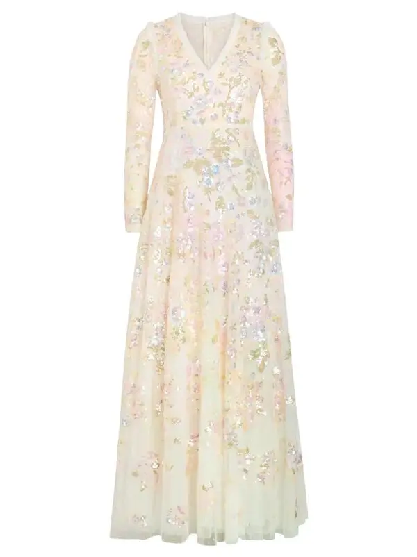 NEEDLE & THREAD Sequin-embellished Floral-print Maxi Dress - Neutrals