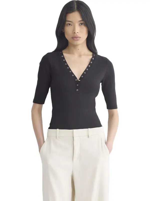 Everlane Luxe Rib V-neck Henley Top - Black