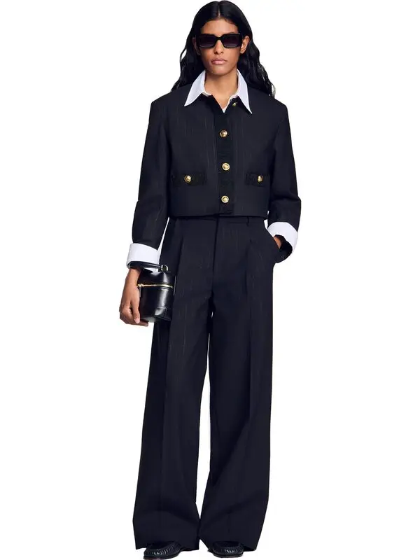 Sandro Striped High-waisted Wide-leg Trousers - Black