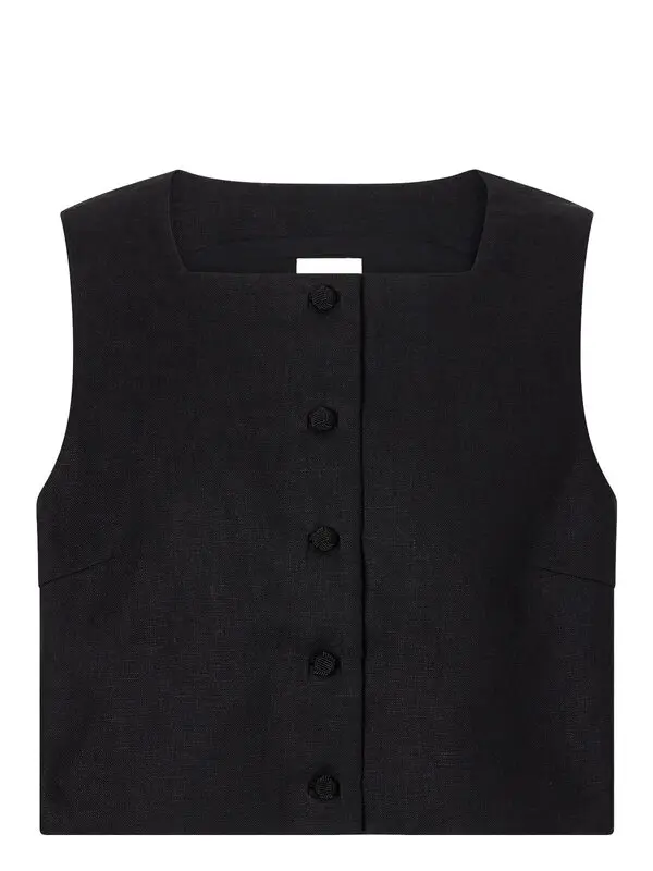 Posse Rio Linen Cropped Tank Top With Covered Buttons - Black