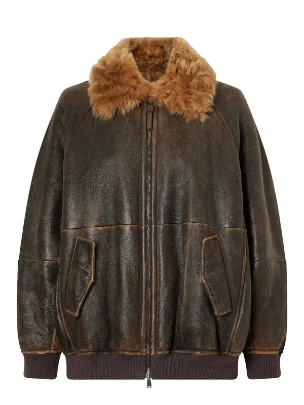 Brunello Cucinelli Shearling Trimmed Leather Bomber Jacket - Brown