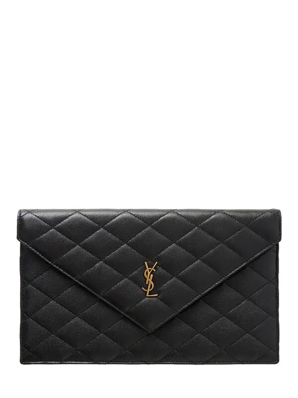 Saint Laurent Grain De Sable Quilted Leather Clutch With Logo Embellishment - Black