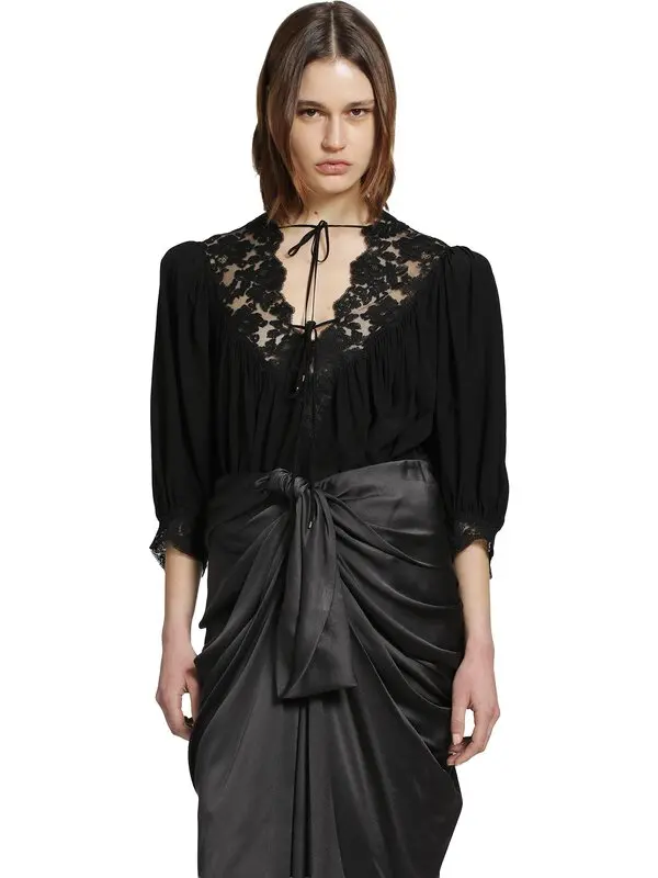 Chloé Fluid Puff Sleeve Top With Lace Accents - Black