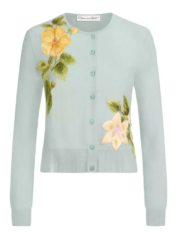 Oscar De La Renta Chiné Dominican Mixed-floral Threadwork Cardigan - Blue