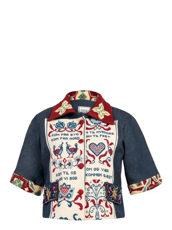 RONDOOZ Nordic Gobelin Hand-painted Denim Jacket With Antique Tapestry Art - Blue
