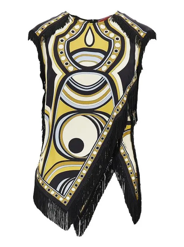 La DoubleJ Printed Silk Scarf Top With Fringe - Multicolor