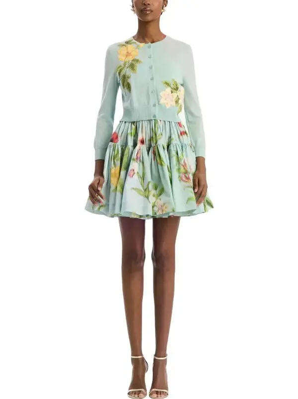 Oscar De La Renta Chiné Dominican Mixed-floral Threadwork Cardigan - Blue