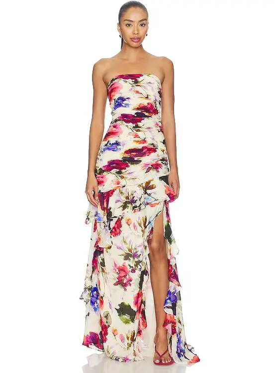 NICHOLAS Viola Strapless Floral Ruched Maxi Dress - Watercolour Flora