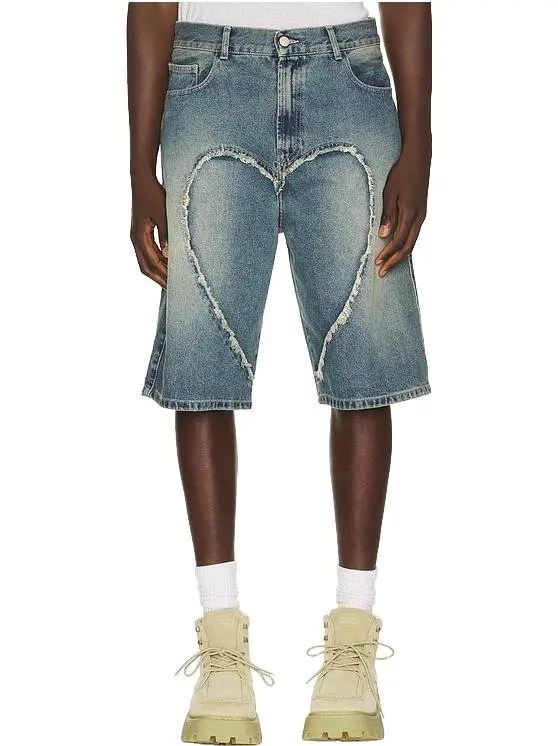 CARNE BOLLENTE Heart Applique Denim Shorts - Blue