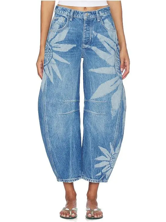 Free People Good Luck Printed Barrel Jean - Blue