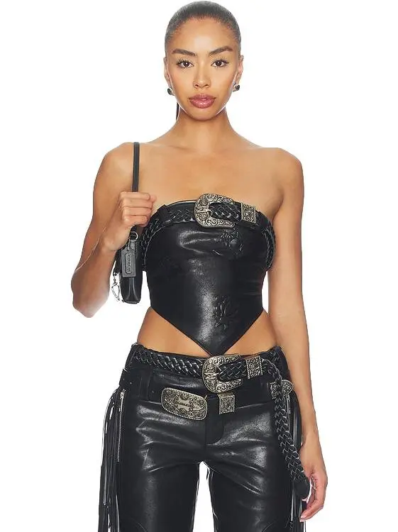 MARKGONG Faux Leather Floral Imprinted Tube Top With Detachable Belt - Black