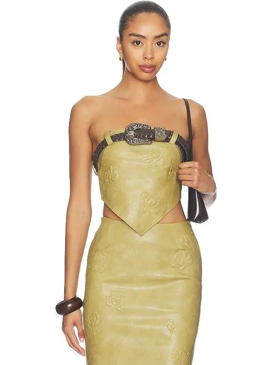 MARKGONG Faux Leather Floral Imprinted Tube Top With Detachable Belt - Brown