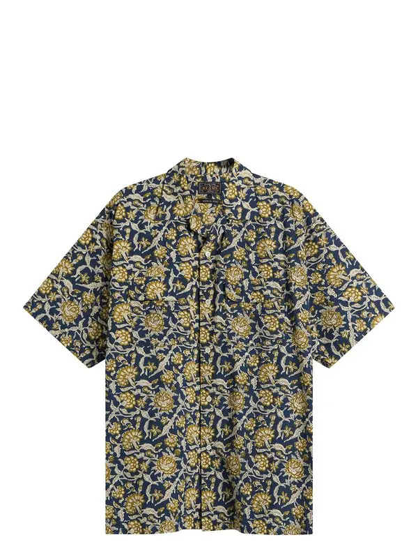 BEAMS Block Print Open Collar Shirt - Blue