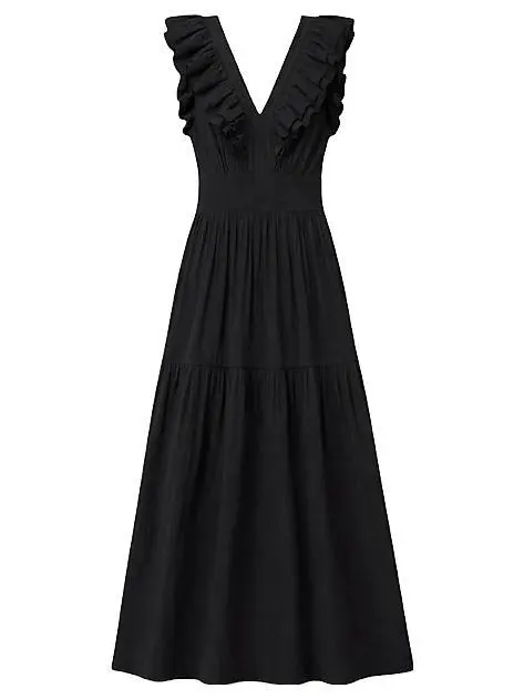 RO&ZO Ruffled V-neck Cotton Maxi Dress - Black