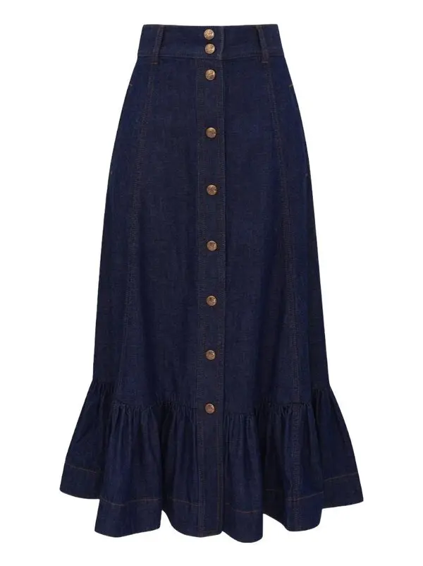 Zimmermann Aster Denim Frill Midi Skirt - Black