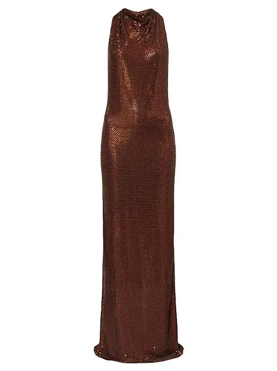 SELF-PORTRAIT Racer-back Maxi Dress With Rhinestone Embellishments - Brown