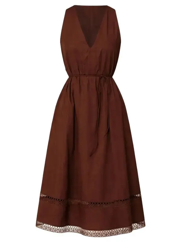 TWINSET V-neck Sleeveless Midi Dress With Waist Tie And Embroidered Details - Brown