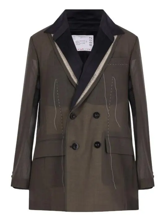 Sacai Double-breasted Suit Jacket With Pleated Paneling - Black