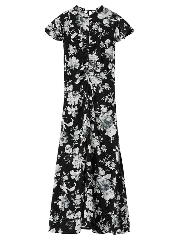 ALLSAINTS Floral Print Ruched Midi Dress - Black