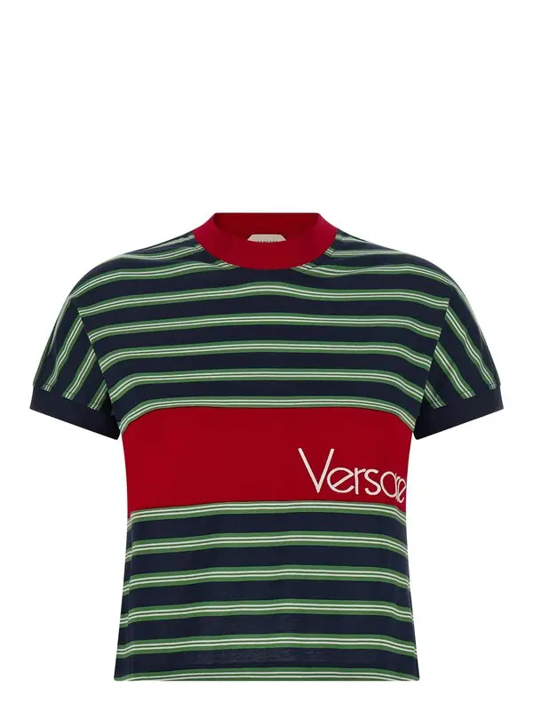 Versace Slim Fit Striped Cotton T-shirt With Embroidered Logo - Multicolor