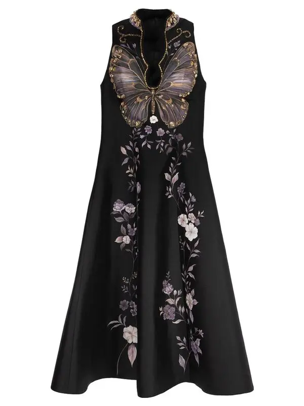 RONDOOZ Sovereign Butterfly Hand-painted Satin Dress - Black