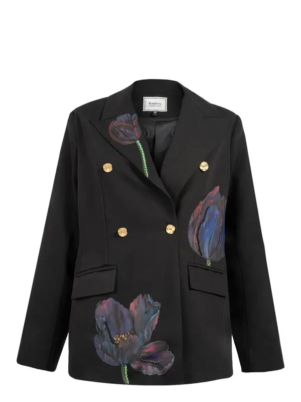 RONDOOZ Hand-painted Floral Embellished Crepe Blazer - Black