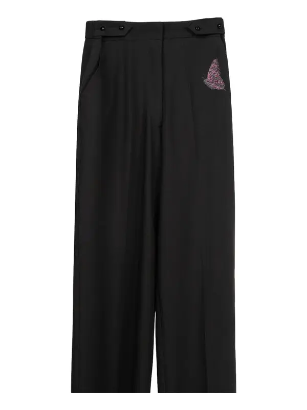 RONDOOZ Hand-painted Crepe Wide-leg Pants With Floral Embellishment - Black