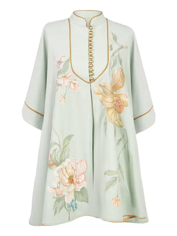 RONDOOZ Hand-painted Linen Dress With Stone Embellishments - Green
