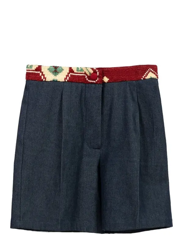RONDOOZ Demin Shorts With Antique Gobelin Tapestry Waistband - Blue