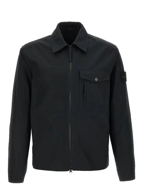 Stone Island Zip-up Long Sleeve Organic Cotton Shirt With Appliqué Logo - Black
