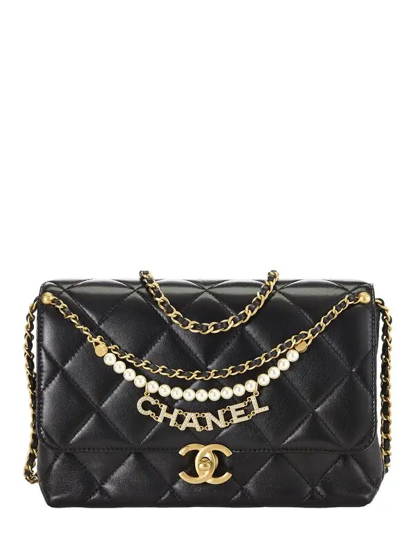 Chanel Quilted Lambskin Pearl Logo Flap Bag - Black