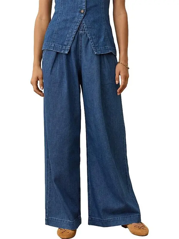 Marine Layer Allison Pleated Wide Leg Denim Pants - Medium Wash
