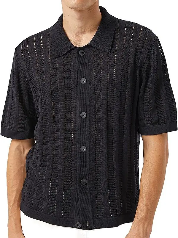 CORRIDOR Pointelle Knit Stripe Shirt - Black