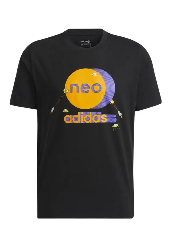 Adidas Neo Colorblock Pattern Ribbed Round Neck Cotton Short Sleeve Black T-shirt - Multi-color