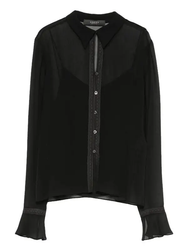 Gucci Silk Sheer Lace Trim Long Sleeve Blouse - Black