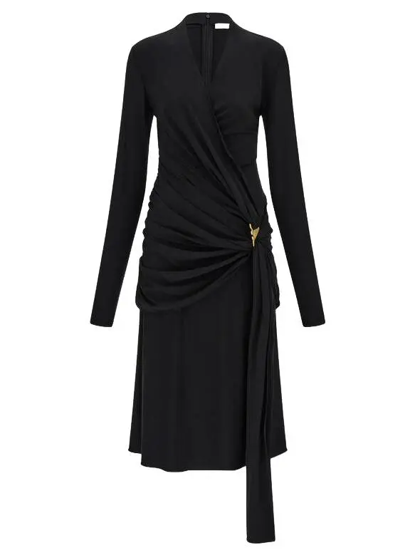 FERRAGAMO Viscose Jersey Dress With Gancini Brooch - Black
