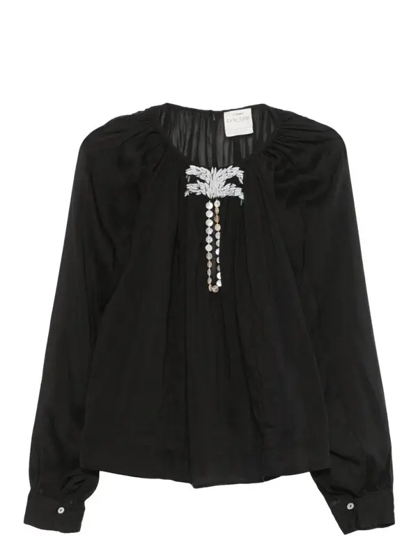 FORTE_FORTE Palm Tree" Embellished Keyhole Neck Blouse - Black