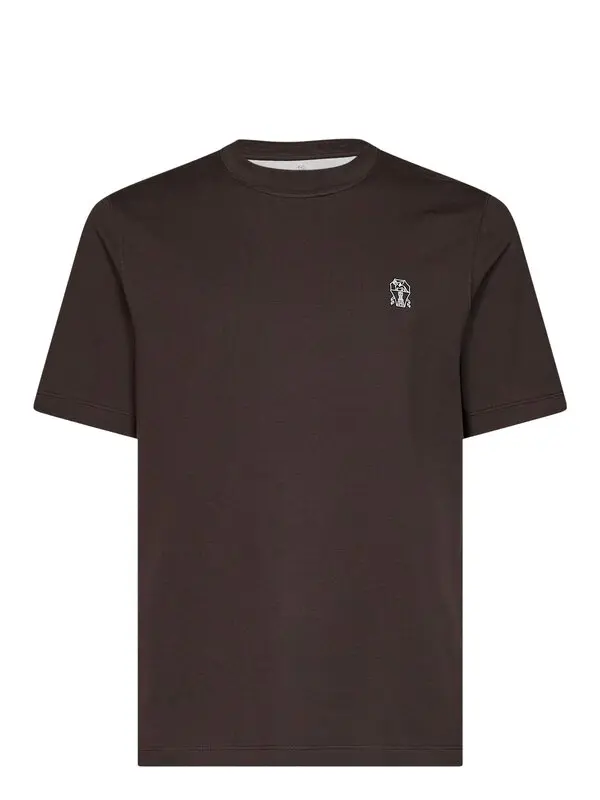 Brunello Cucinelli Dark Brown Cotton Jersey Logo Crewneck T-shirt - Multicolor