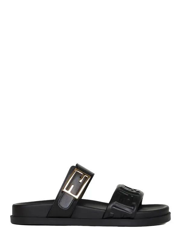 Fendi Black Nappa Leather Double Strap Slides With Baguette Buckle - Multicolor