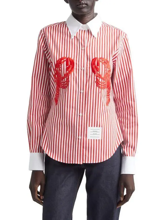 Thom Browne Embroidered Lobster Stripe Cotton Poplin Button-down Shirt - Red