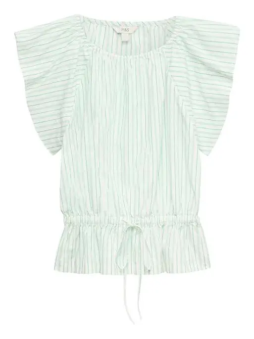 M&s Variegated Stripe Cotton Top With Statement Sleeves And Peplum Finish - Green/multi