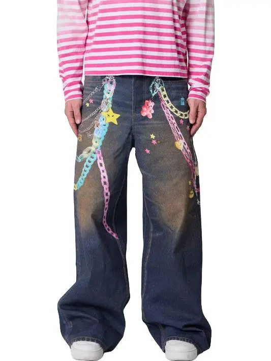 Mnml Rave Chain Print Jeans - Blue
