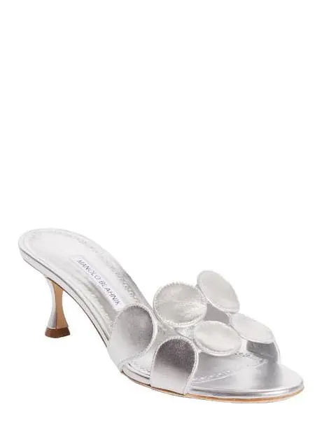 Manolo Blahnik Metallic Lambskin Kitten Heel Sandals - Silver