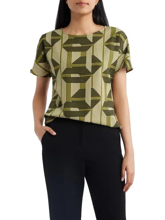 Anne Klein Geo Print Short Sleeve Top - Bay Leaf Multi