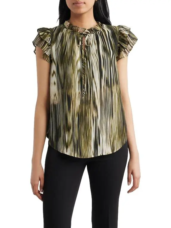Anne Klein Striped Ruffle Sleeve Tie Neck Top - Bay Leaf Multi
