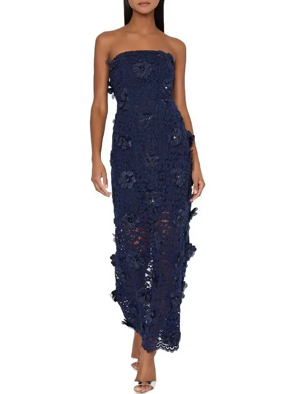 MILLY Kait Floral Lace Sequin Strapless Gown - Navy