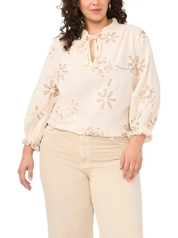 Vince Camuto Embroidered Flower Appliqué Tie Neck Top - New Ivory