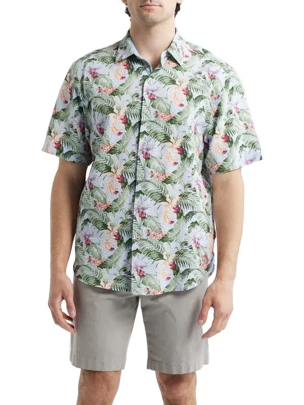 Tommy Bahama Nova Wave Blue Sky Vines Short Sleeve Seersucker Button-up Shirt - Dew Drop