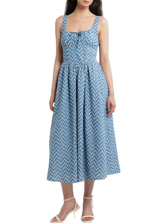 BLU PEPPER Embroidered Cotton Blend Midi Dress - Denim