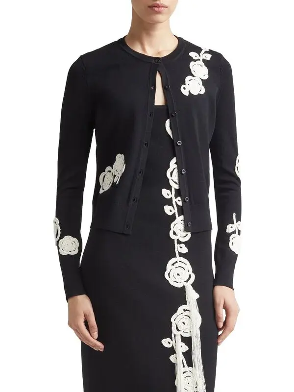 Lela Rose Crochet Appliqué Cardigan - Black